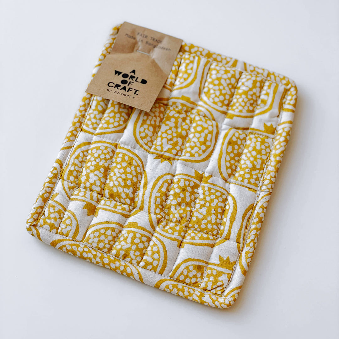 Block Printed Pomegranate Pot Holder, Yellow Quilted Pot Holder byFoke